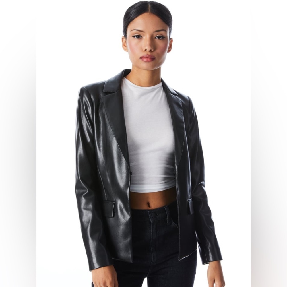 Alice Olivia Mya Flap Pocket Vegan Leather Blazer S… Gem